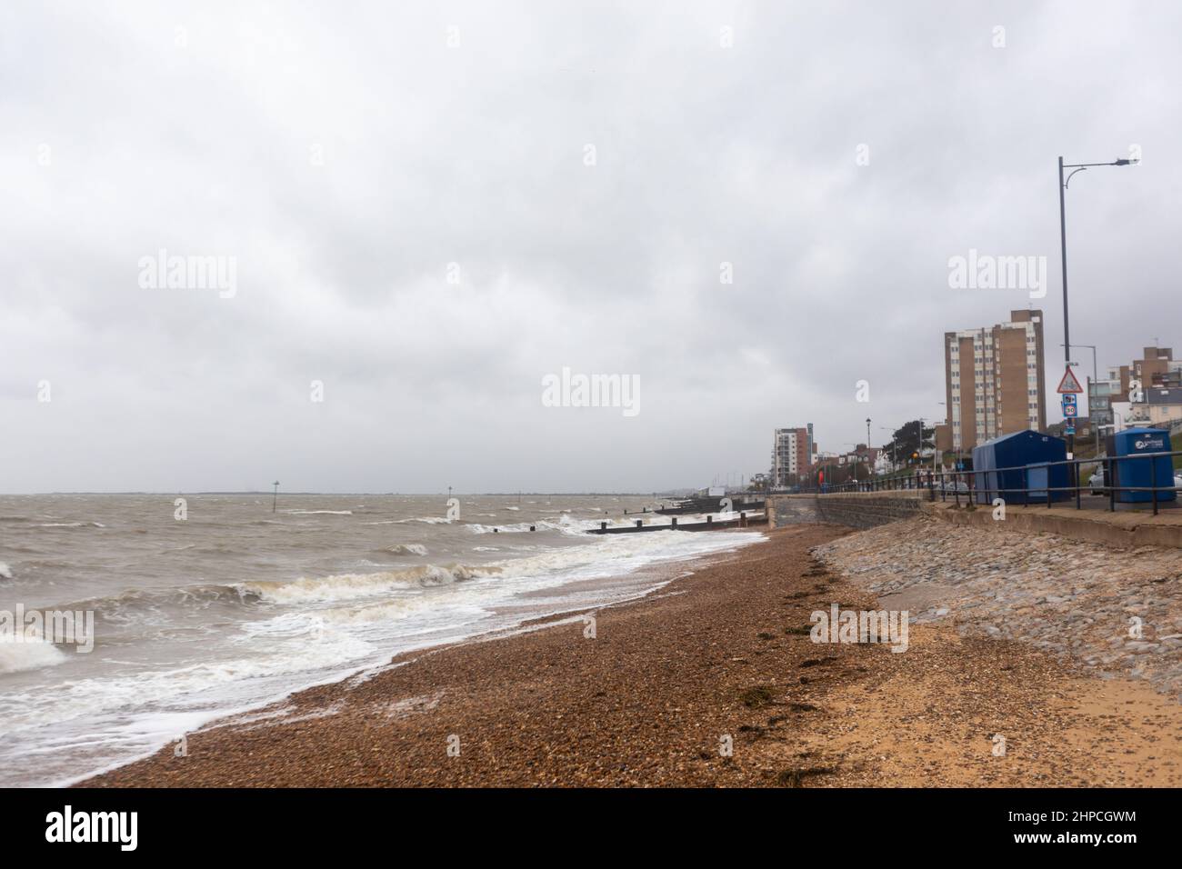 Southend on Sea, UK. 20th Feb, 2022. A windswept view of a pebble beach ...