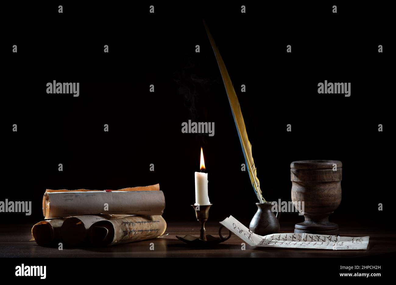 Medieval desk with quill pen Stock Photo - Alamy