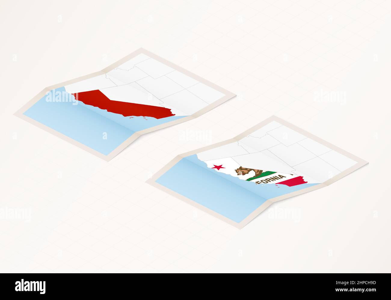 Two versions of a folded map of California with the flag of the country ...