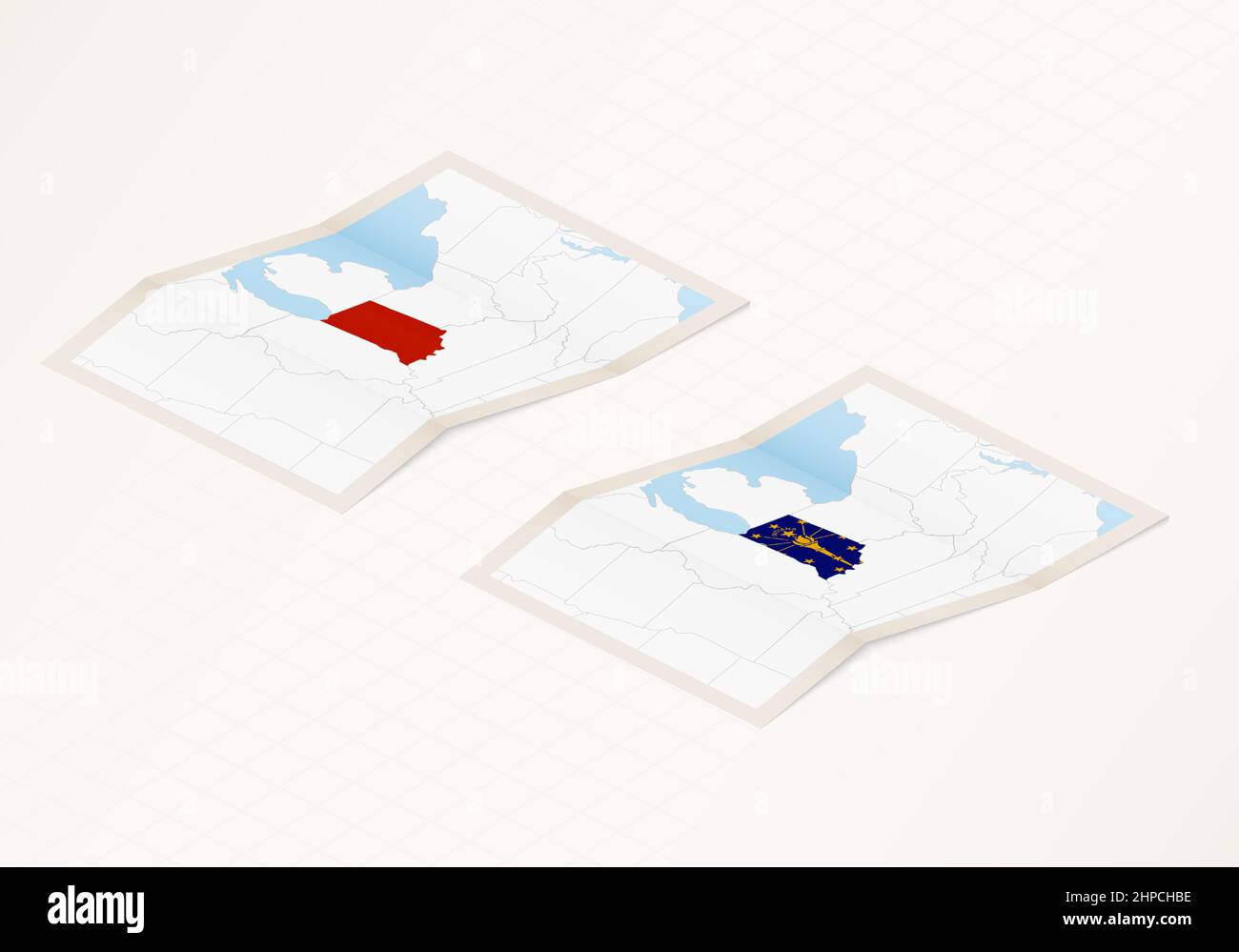 Two versions of a folded map of Indiana with the flag of the country of ...