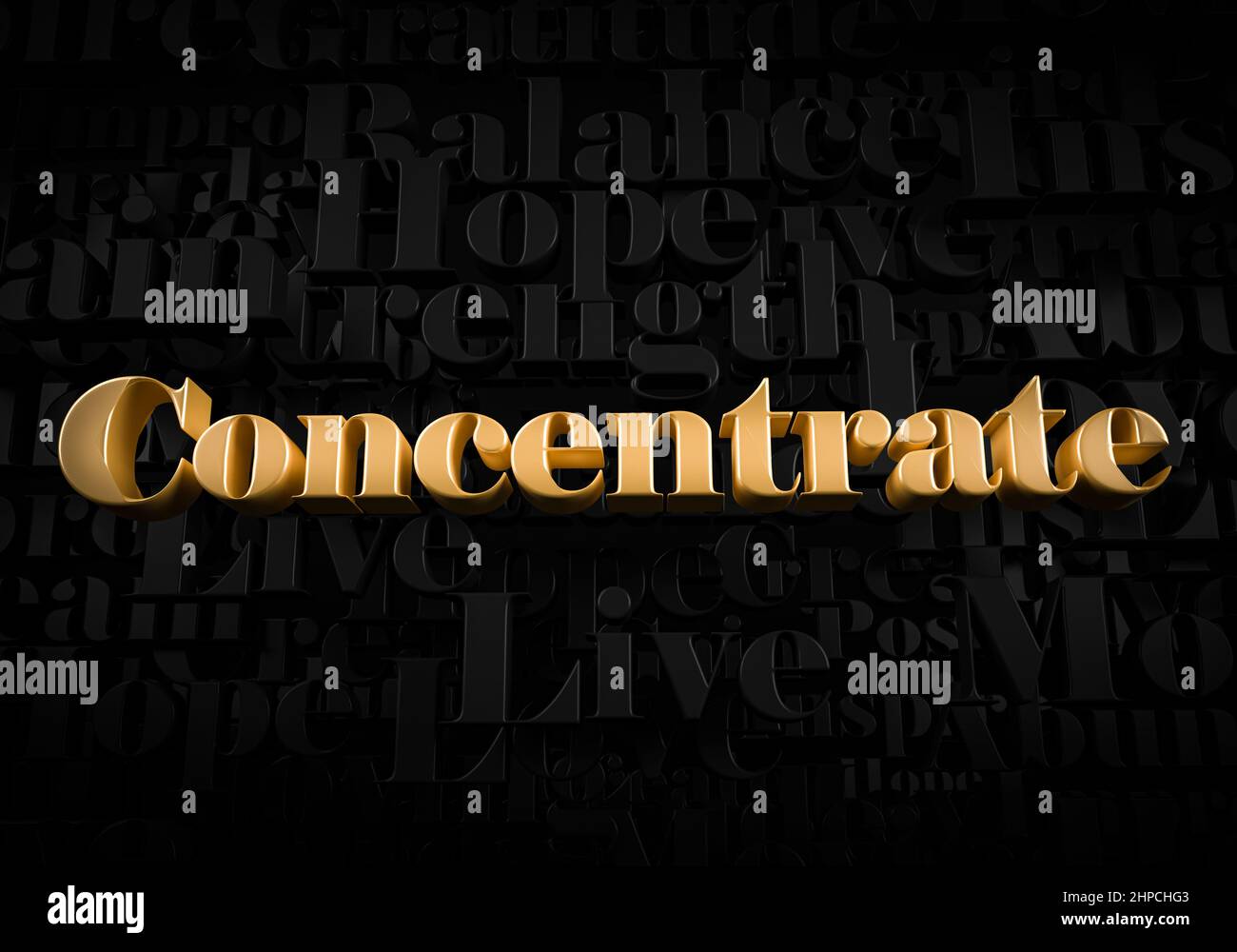 Concentrate - Gold text on black text background - Motivational word 3D ...