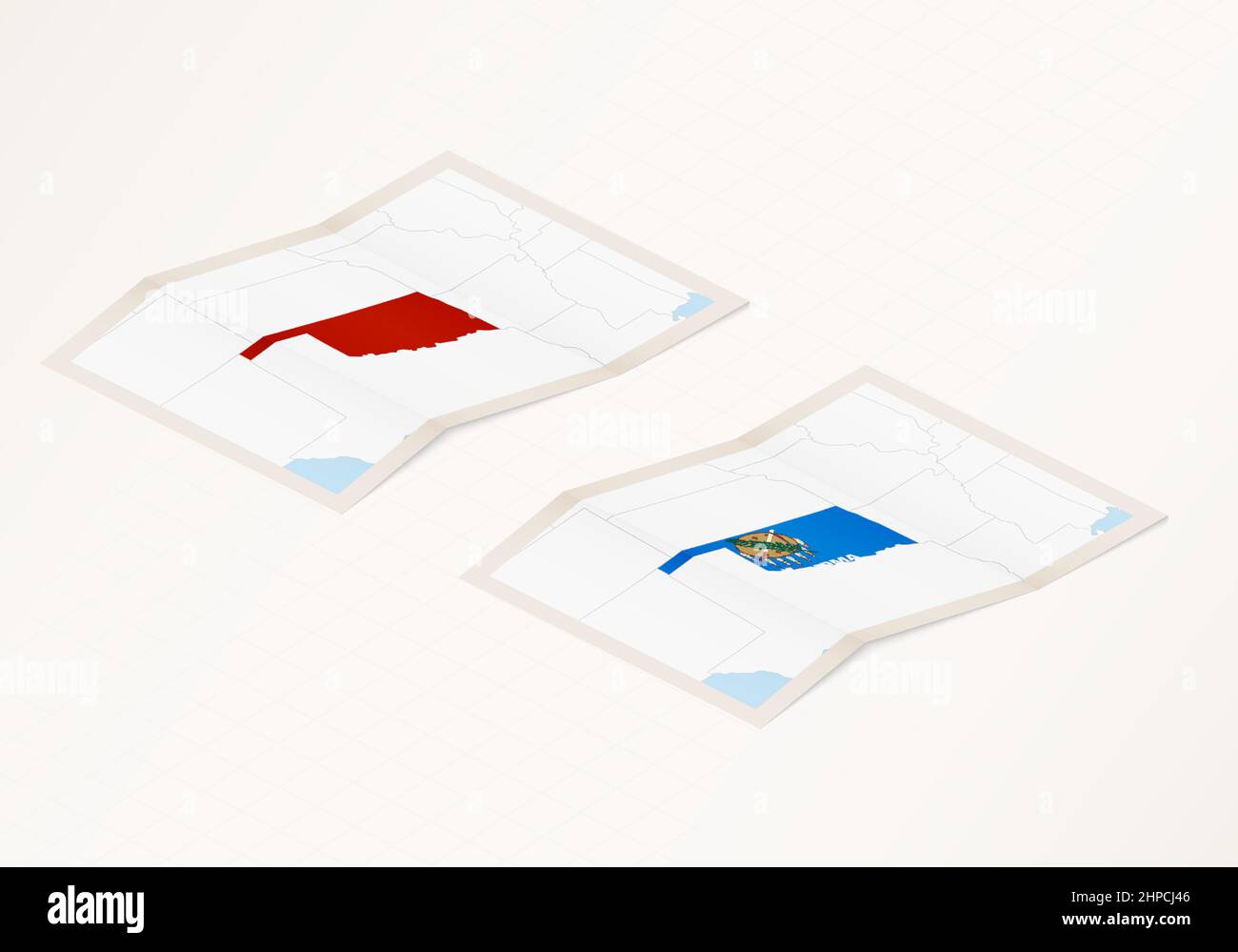 Two versions of a folded map of Oklahoma with the flag of the country ...