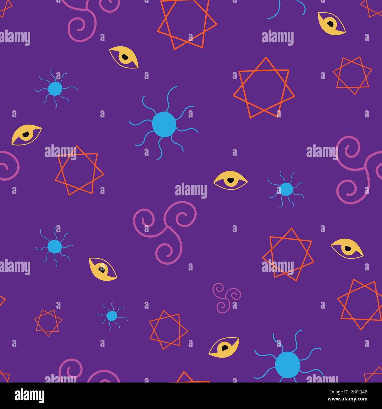 Esoteric seamless pattern with hand drawn magic symbols on purple ...