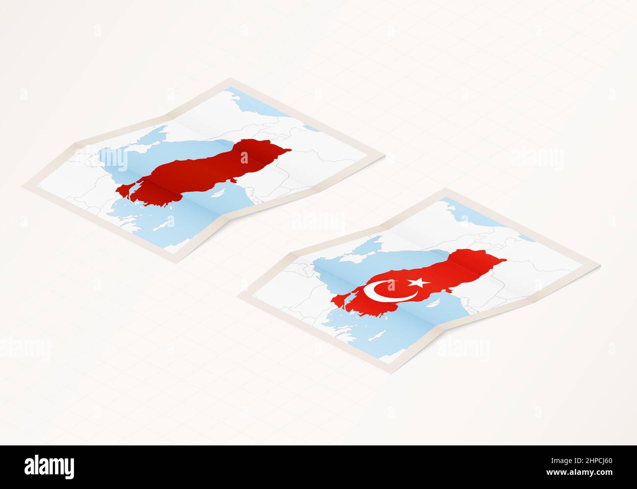 Two versions of a folded map of Turkey with the flag of the country of ...
