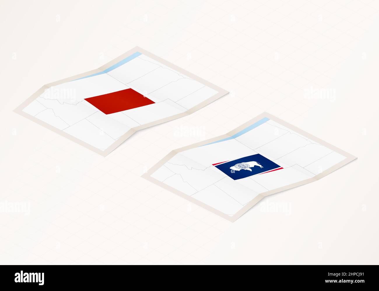 Two versions of a folded map of Wyoming with the flag of the country of ...