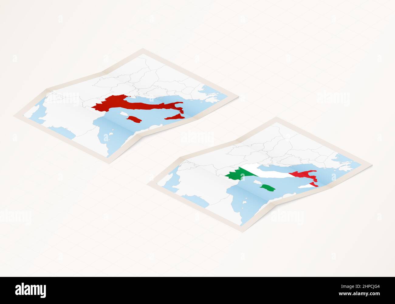Two versions of a folded map of Italy with the flag of the country of ...