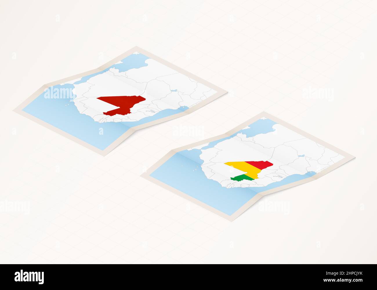 Two versions of a folded map of Mali with the flag of the country of ...