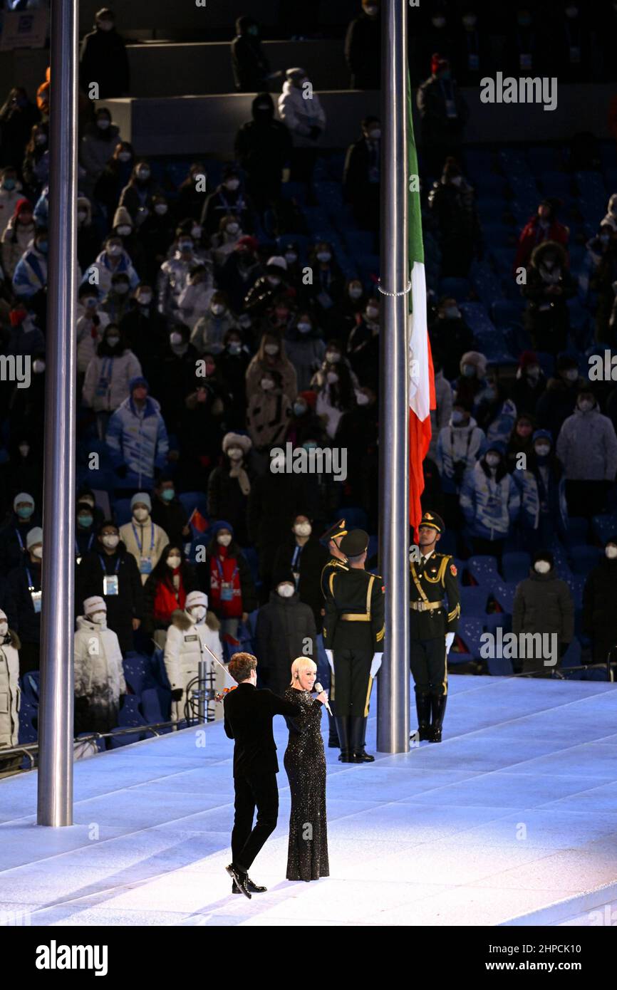 Beijing, China. 20th Feb, 2022. Italian contemporary pop singer Malika Ayane (2nd L) and ...