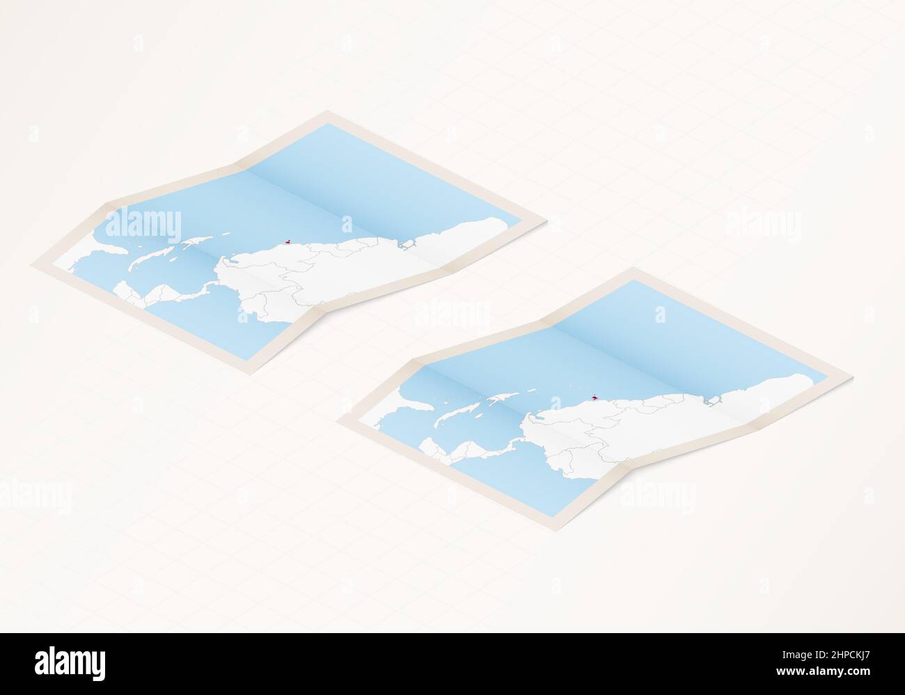 Two versions of a folded map of Trinidad and Tobago with the flag of ...