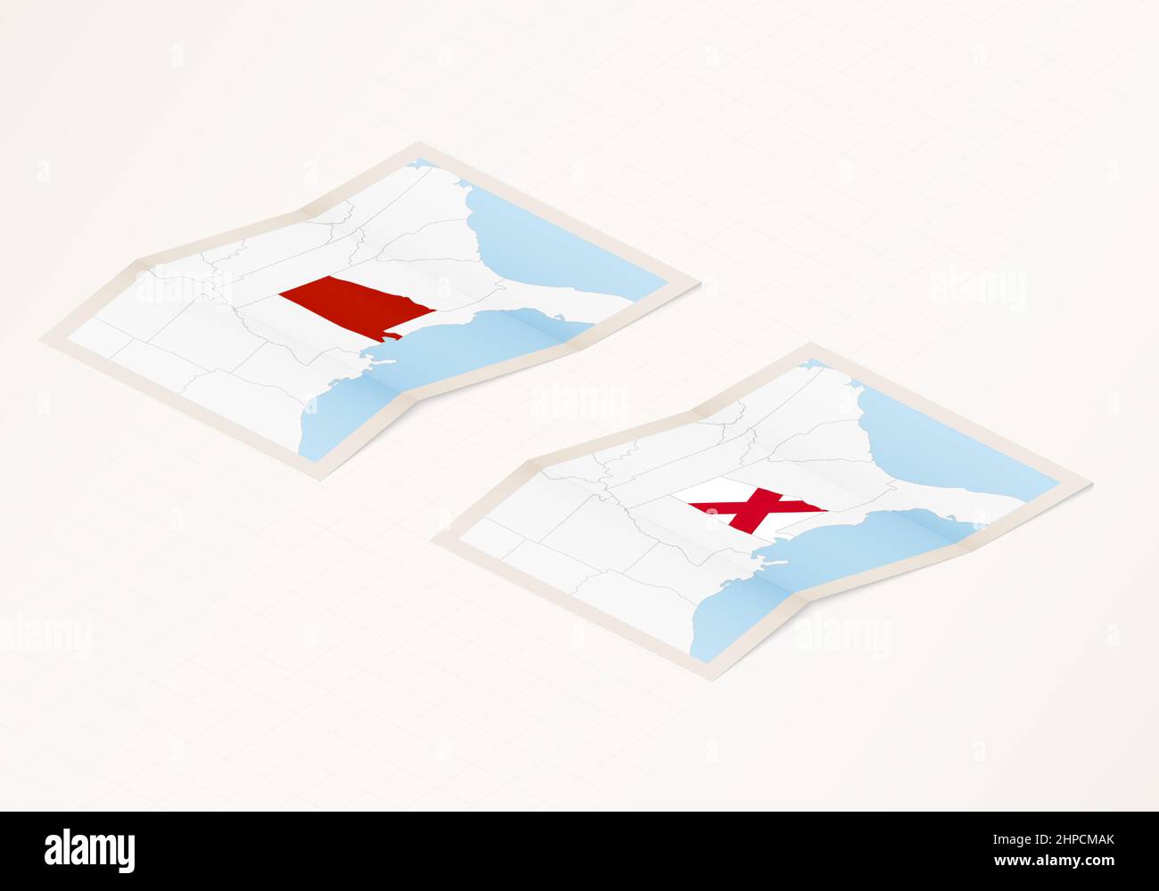 Two versions of a folded map of Alabama with the flag of the country of ...