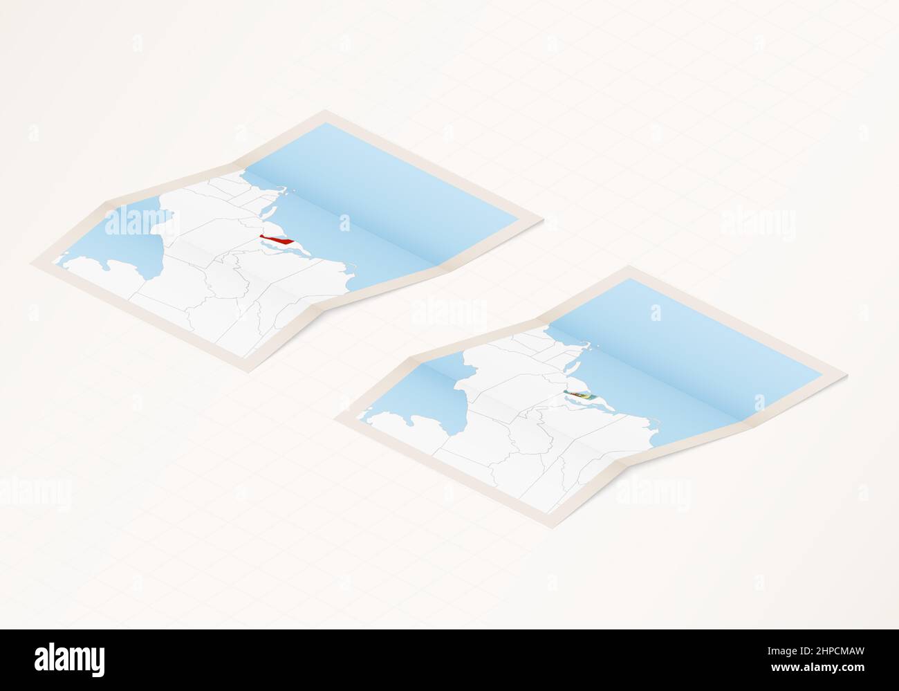 Two versions of a folded map of Delaware with the flag of the country ...