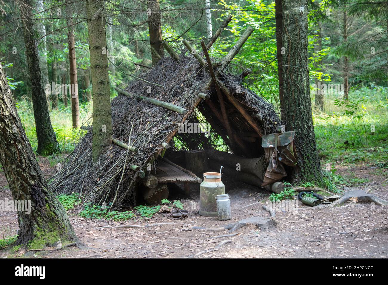hut in the middle of the forest, built of wood, a tourist attraction ...