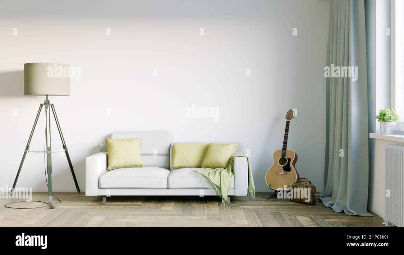 Beautiful interior of a modern room. Bright and clean design. A sofa standing by a large window ...