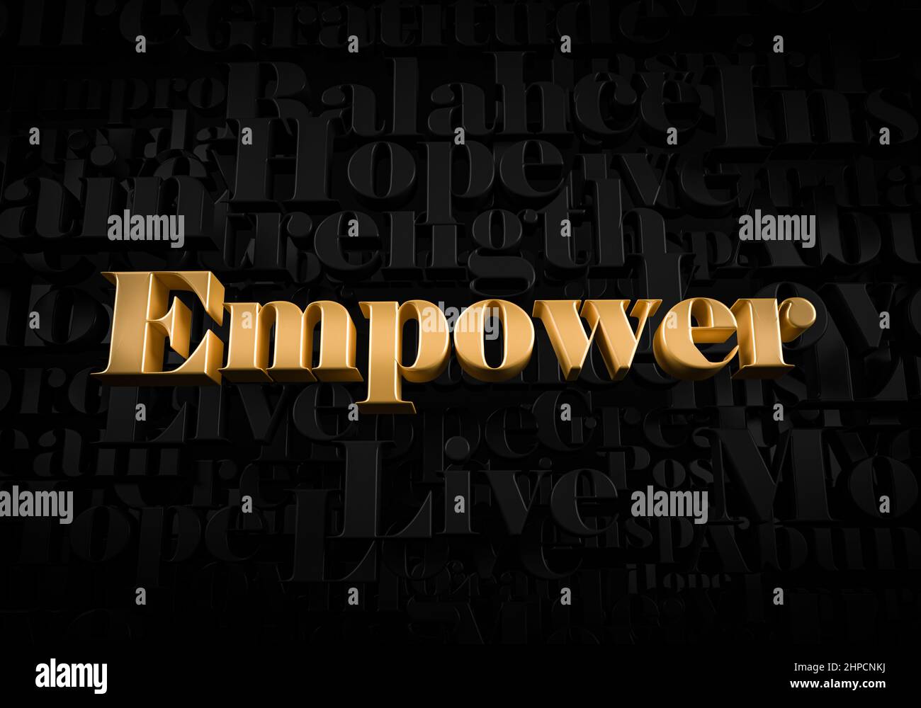Empower - Gold text on black text background - Motivational word 3D ...