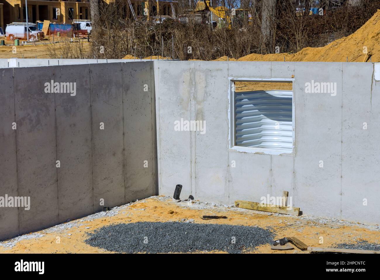A newly completed cement foundation of a new housing development Stock ...