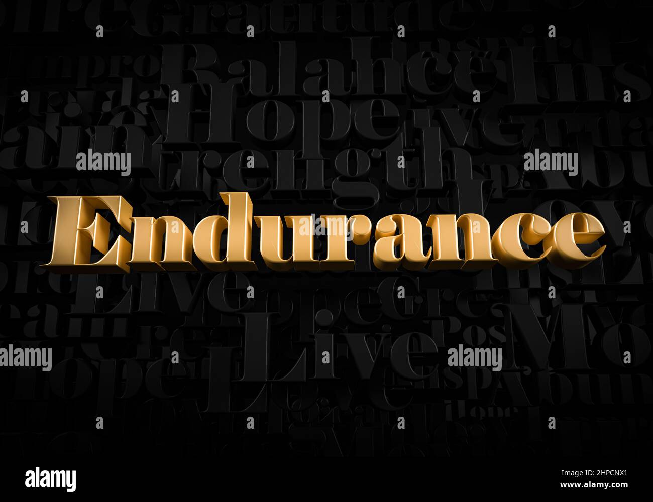 Endurance - Gold text on black text background - Motivational word 3D ...