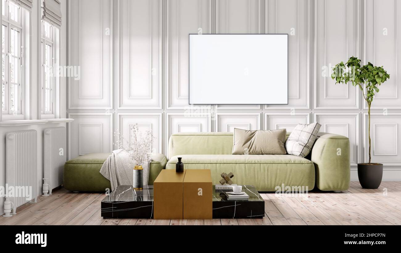 Modern interior of a room with an empty painting. Sofa and large window ...