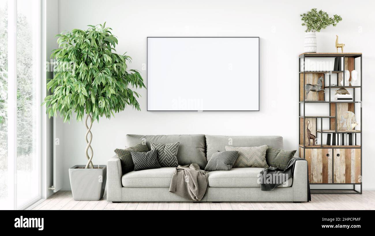 Modern interior of a room with an empty painting. Sofa and large window ...
