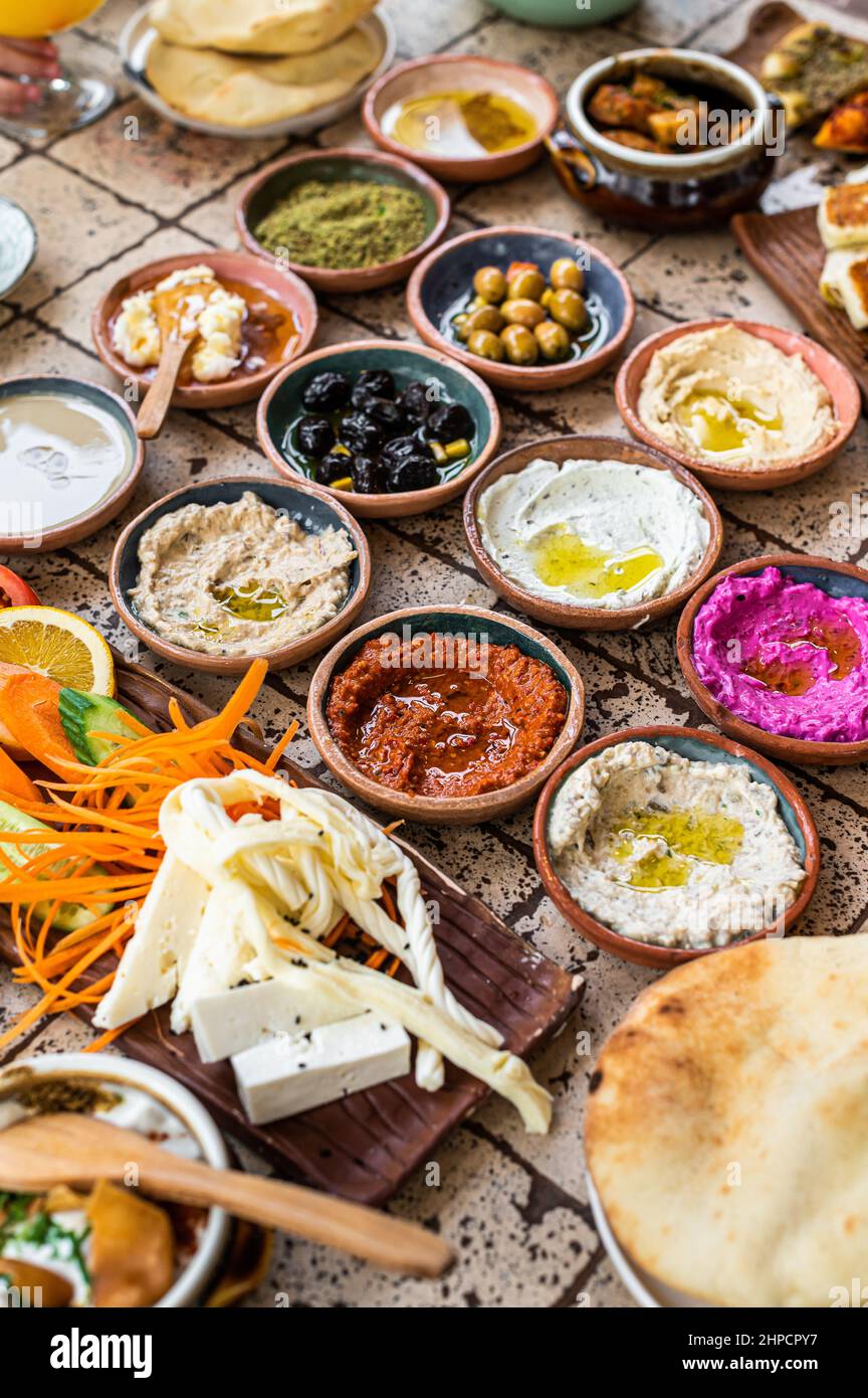 Turkish Village breakfast table served in a restaurant. Top view Stock ...
