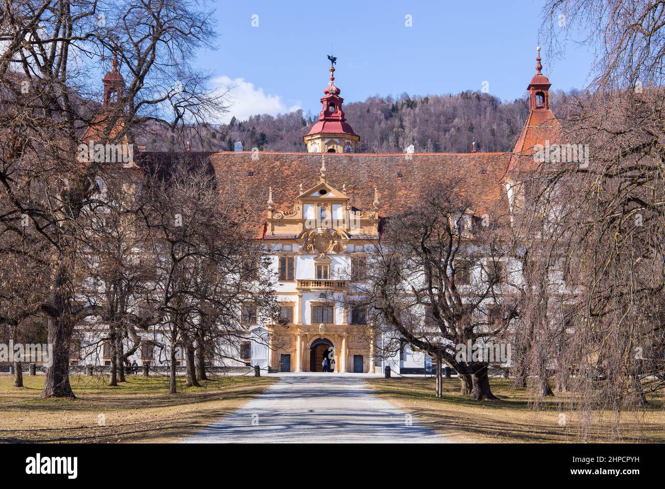 The baroque Schloss Eggenberg castle with its park in Graz, Austria ...