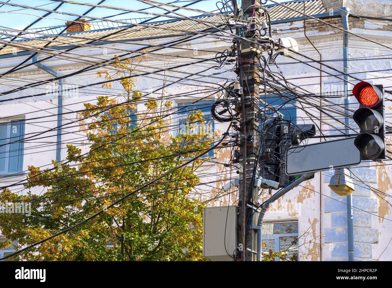 pole with wires. wires cables on Electric poles.A fiber optic cable ...