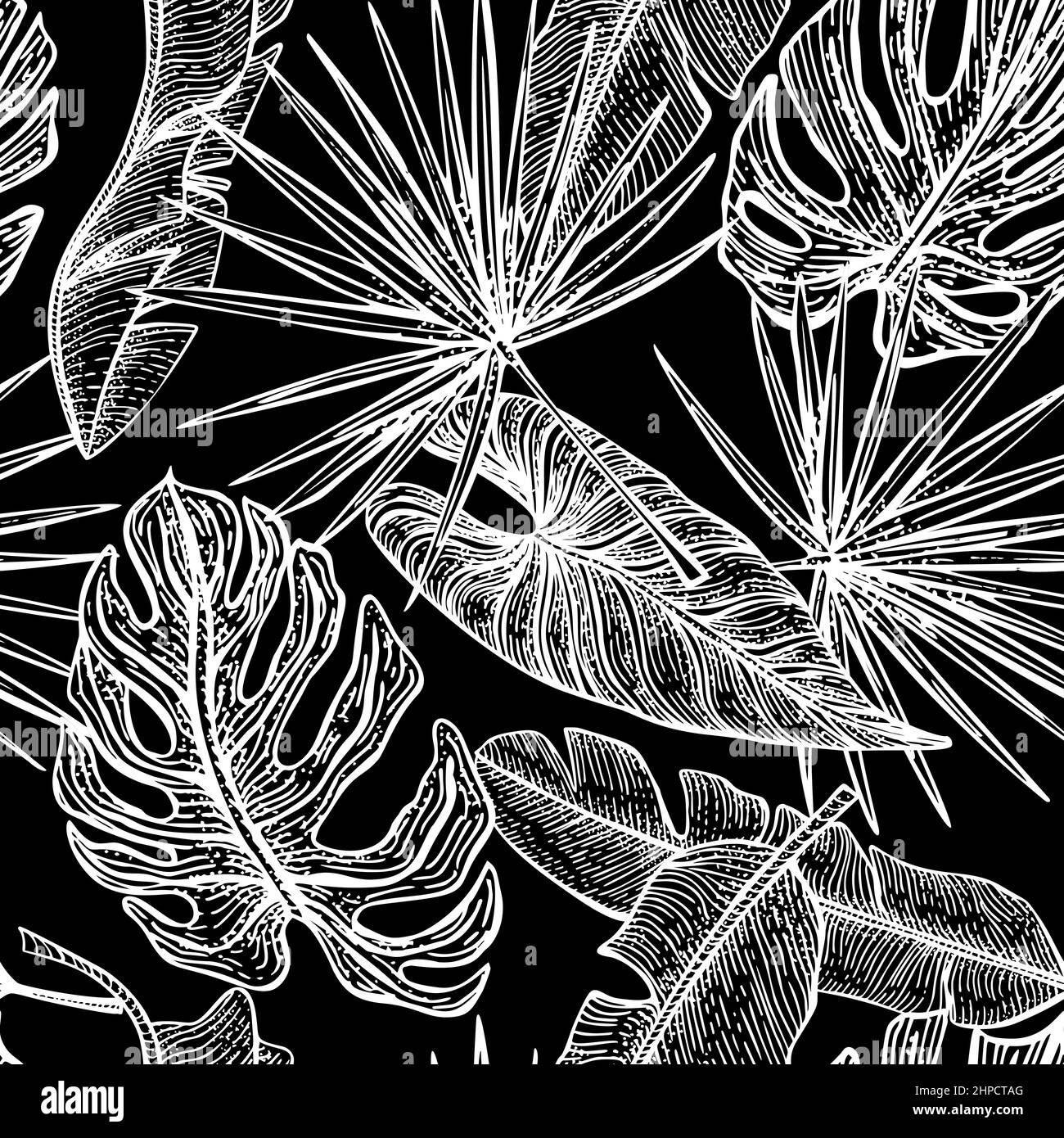 Tropical leaves seamless pattern on black background. Vintage foliage ...