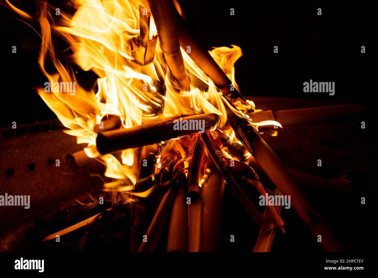 Beautiful formation of fire created by burning some dry reeds forming ...