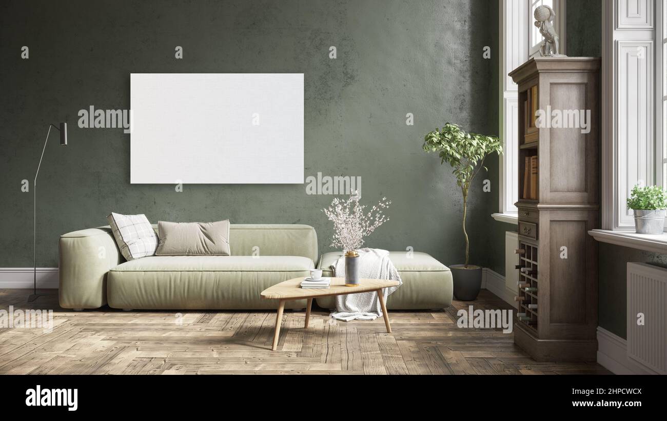 mock up poster frame in modern interior background, living room, Boho ...