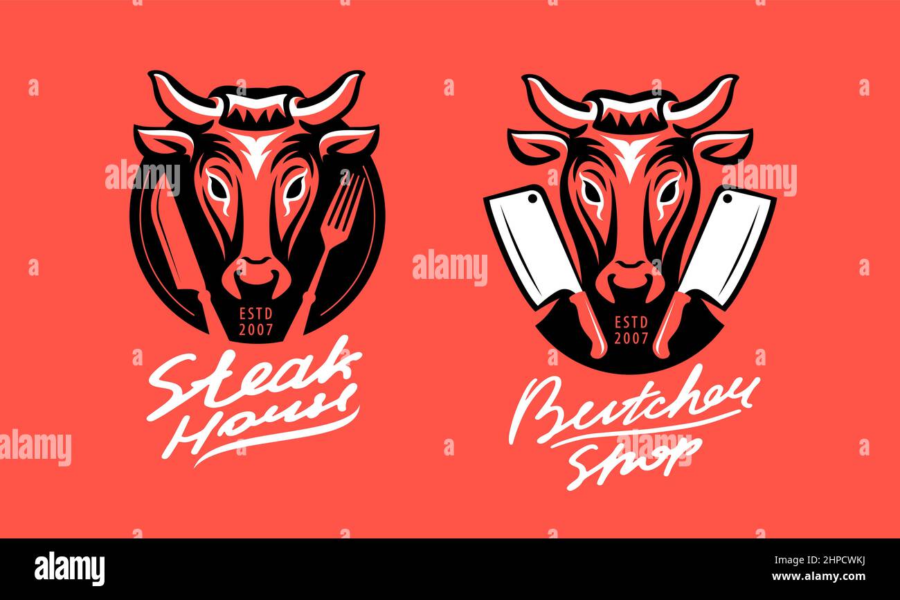 Bull head logo. Steak, beef meat emblems for design of menu restaurant ...