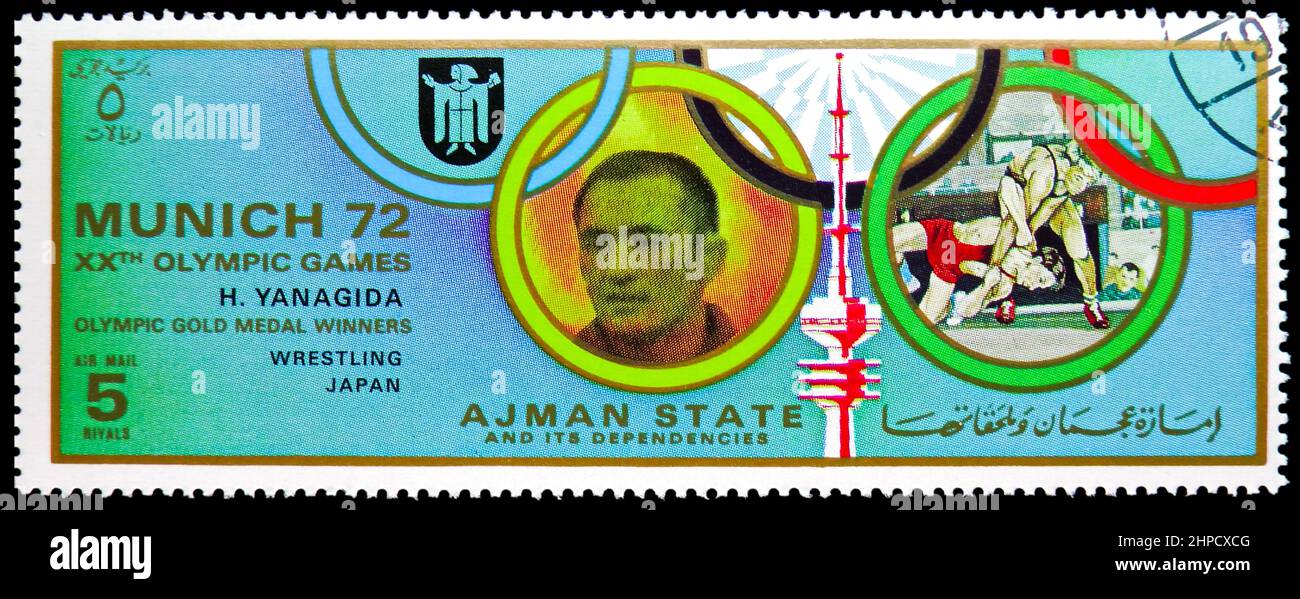 MOSCOW, RUSSIA - NOVEMBER 4, 2021: Postage stamp printed in Ajman shows ...