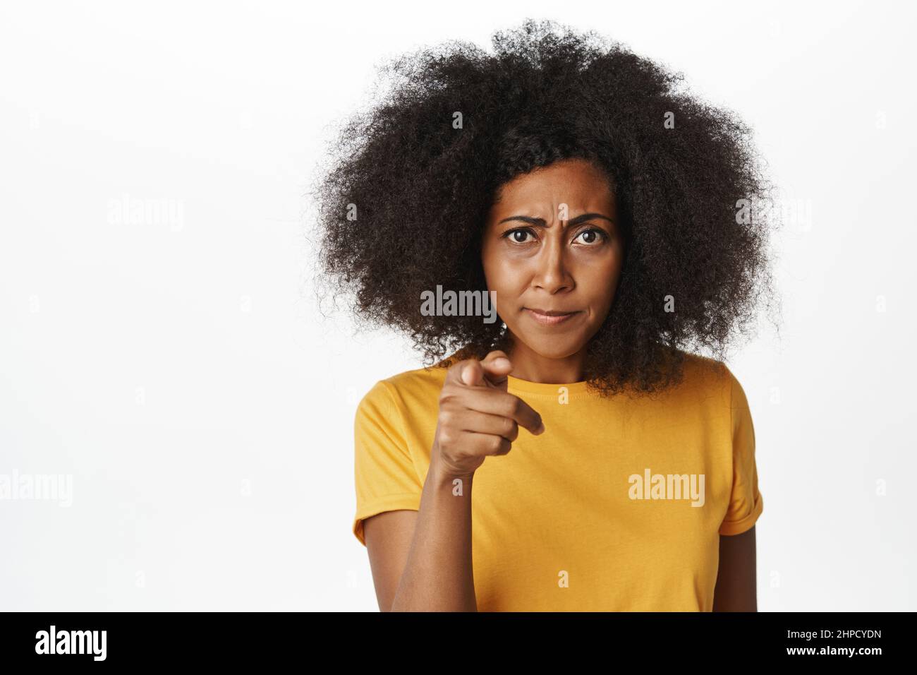 Close up of angry african american woman points finger with accusations ...
