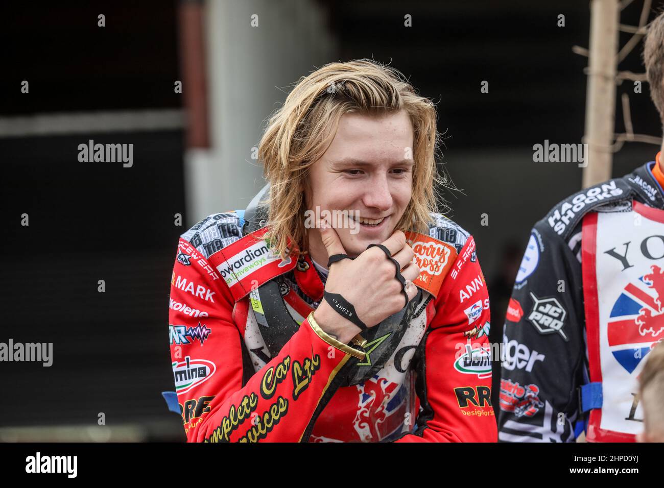 Drew Kemp. British speedway rider wearing the Young Lions national race ...