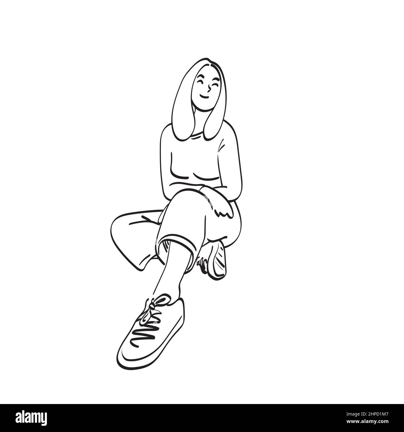 line art smile woman sitting illustration vector hand drawn isolated on ...