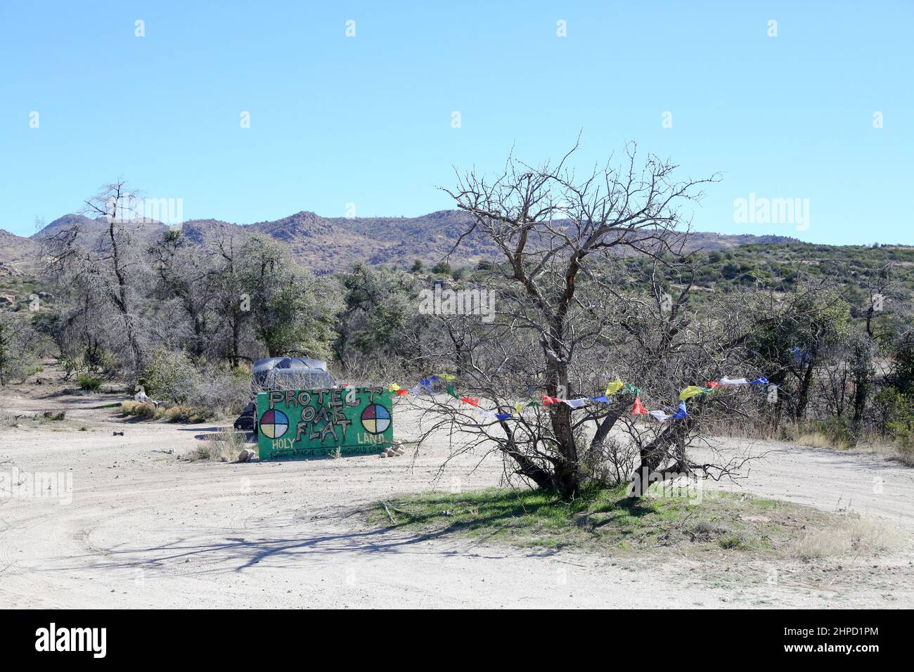 Arizona, USA, February 19, 2022, A sign to Save Oak Flat is seen from ...