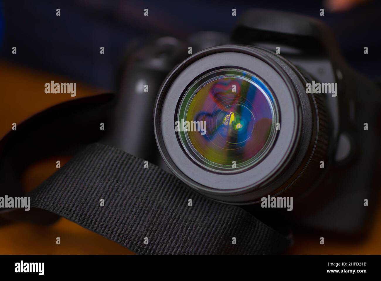 Red and blue hearts in the objective of my photo camera Stock Photo - Alamy
