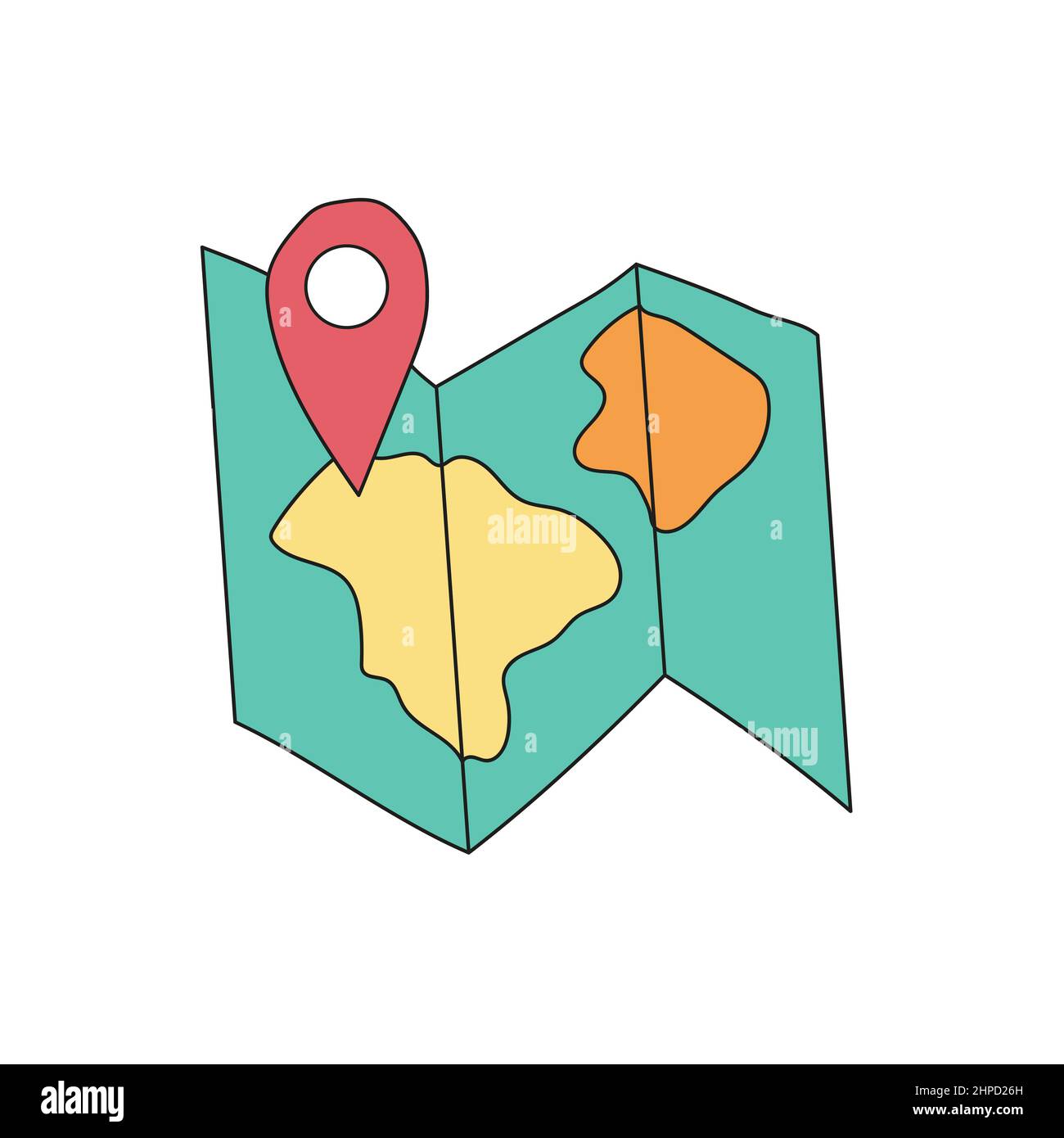 Hand drawn vector map for traveling with geotag in doodle style. Folded paper map with a route ...