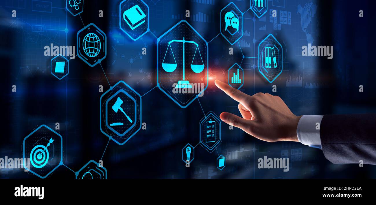 Law. Businessman on abstract blurred background using law protection ...