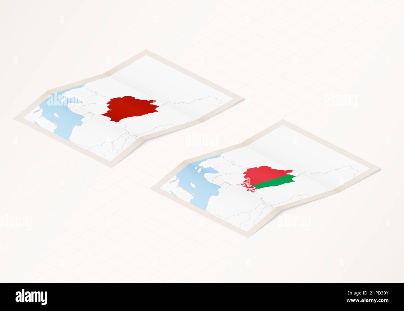 Two versions of a folded map of Belarus with the flag of the country of ...