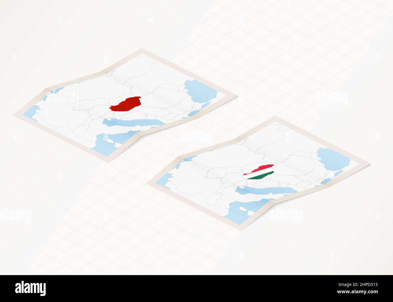 Two versions of a folded map of Hungary with the flag of the country of ...