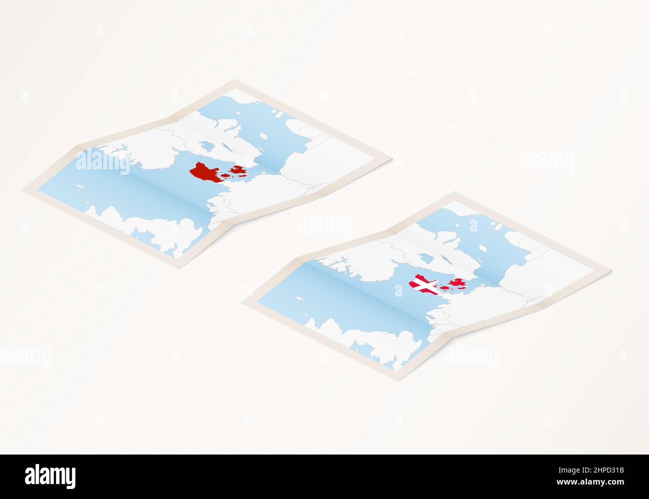 Two versions of a folded map of Denmark with the flag of the country of ...