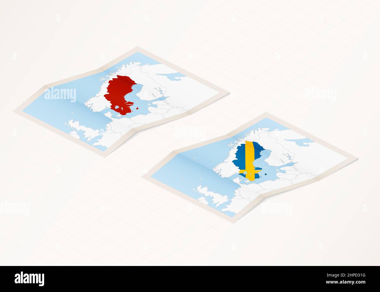Two versions of a folded map of Sweden with the flag of the country of ...