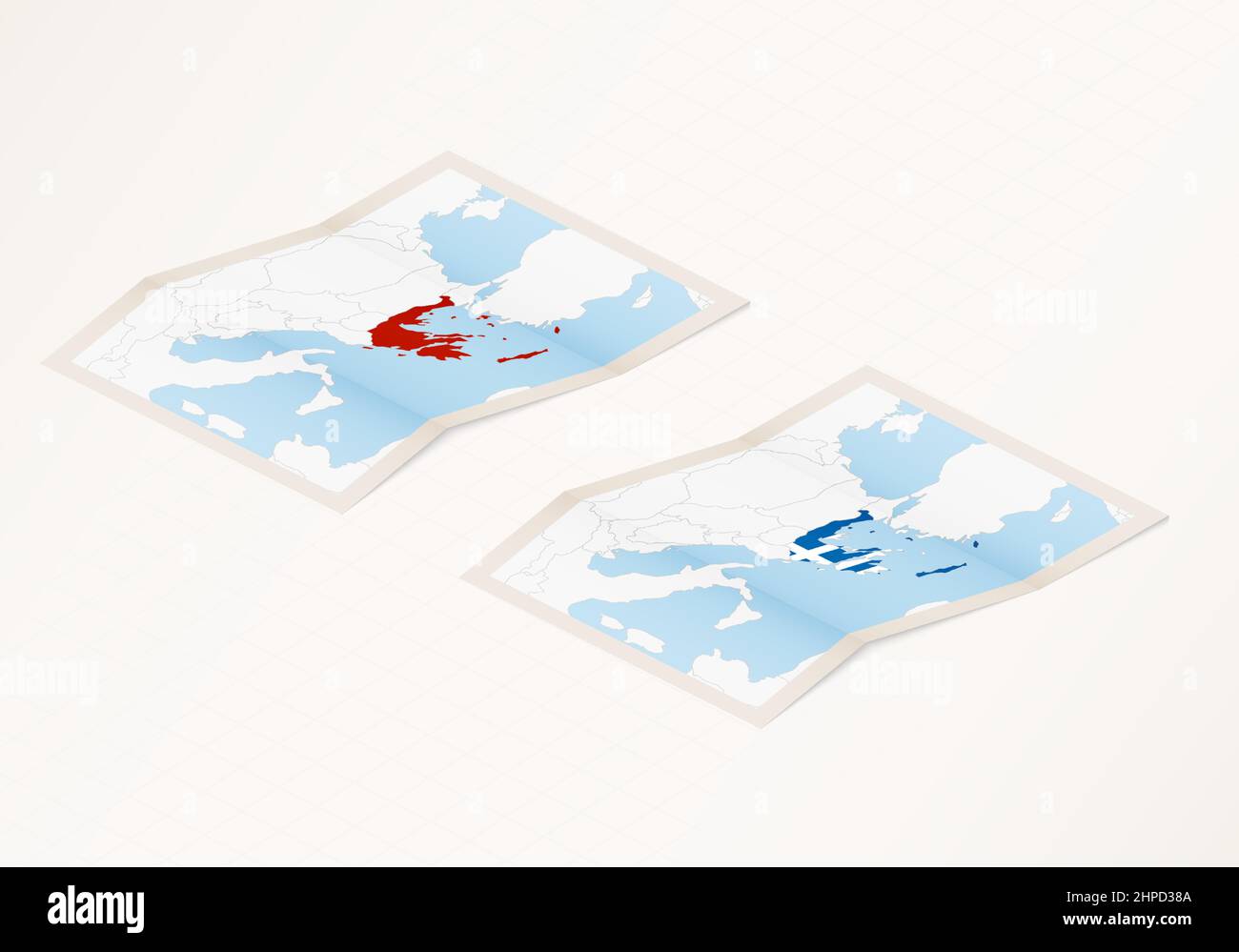 Two versions of a folded map of Greece with the flag of the country of ...