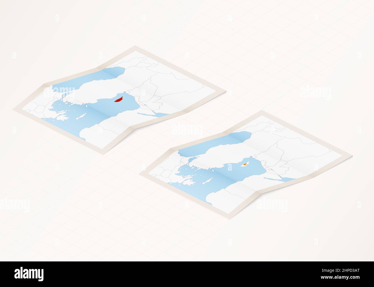 Two versions of a folded map of Cyprus with the flag of the country of ...