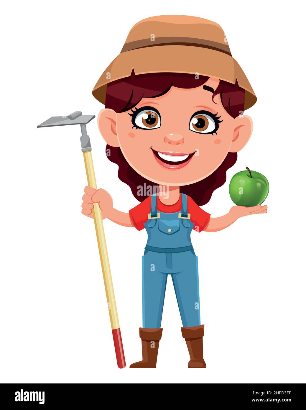Farmer woman cartoon character holding hoe and apple. Cute girl farmer ...