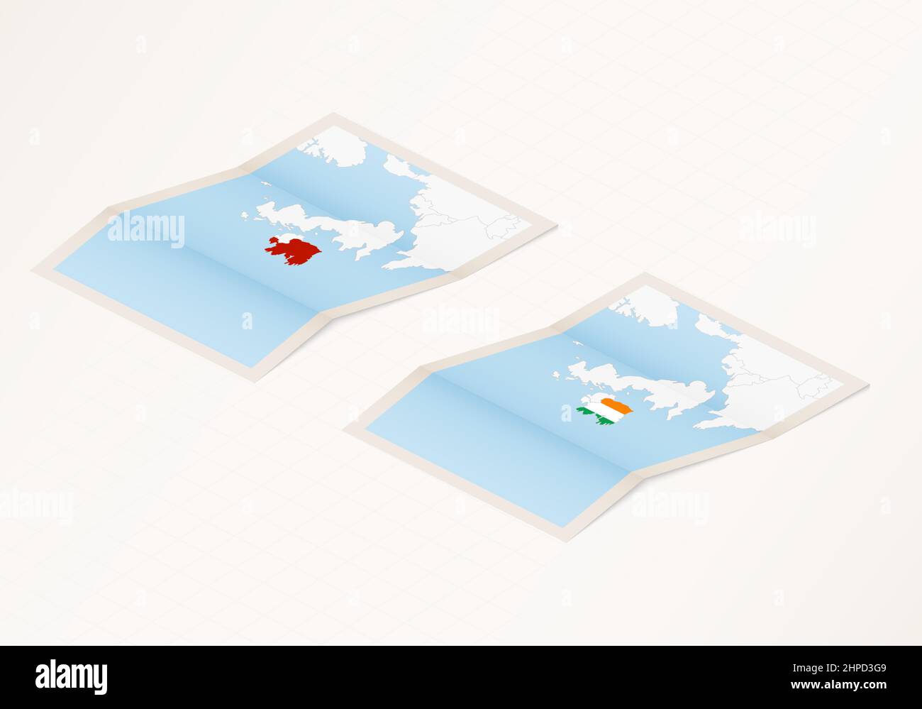 Two versions of a folded map of Ireland with the flag of the country of ...