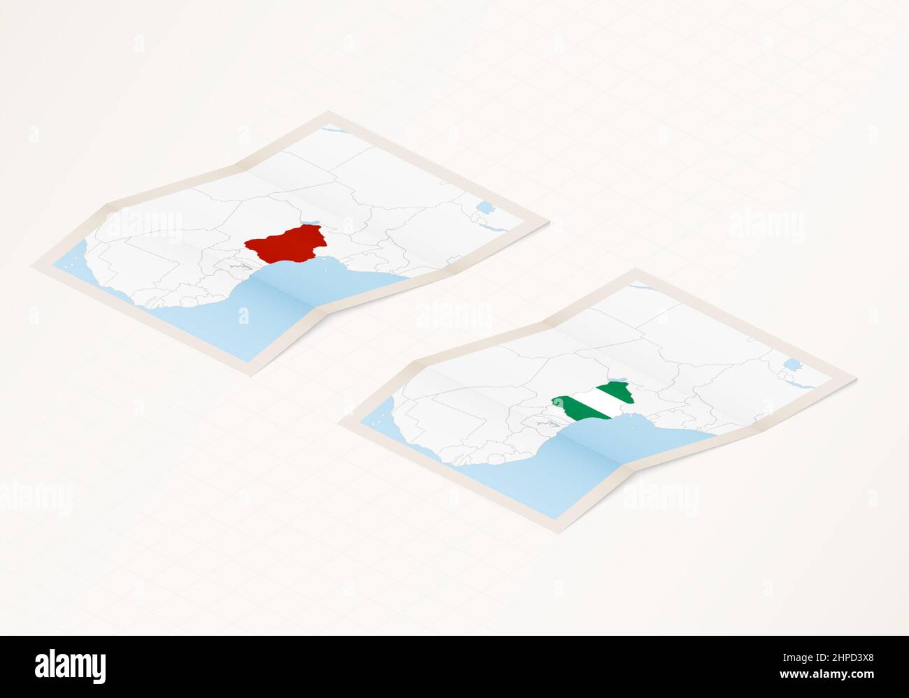 Two versions of a folded map of Nigeria with the flag of the country of ...