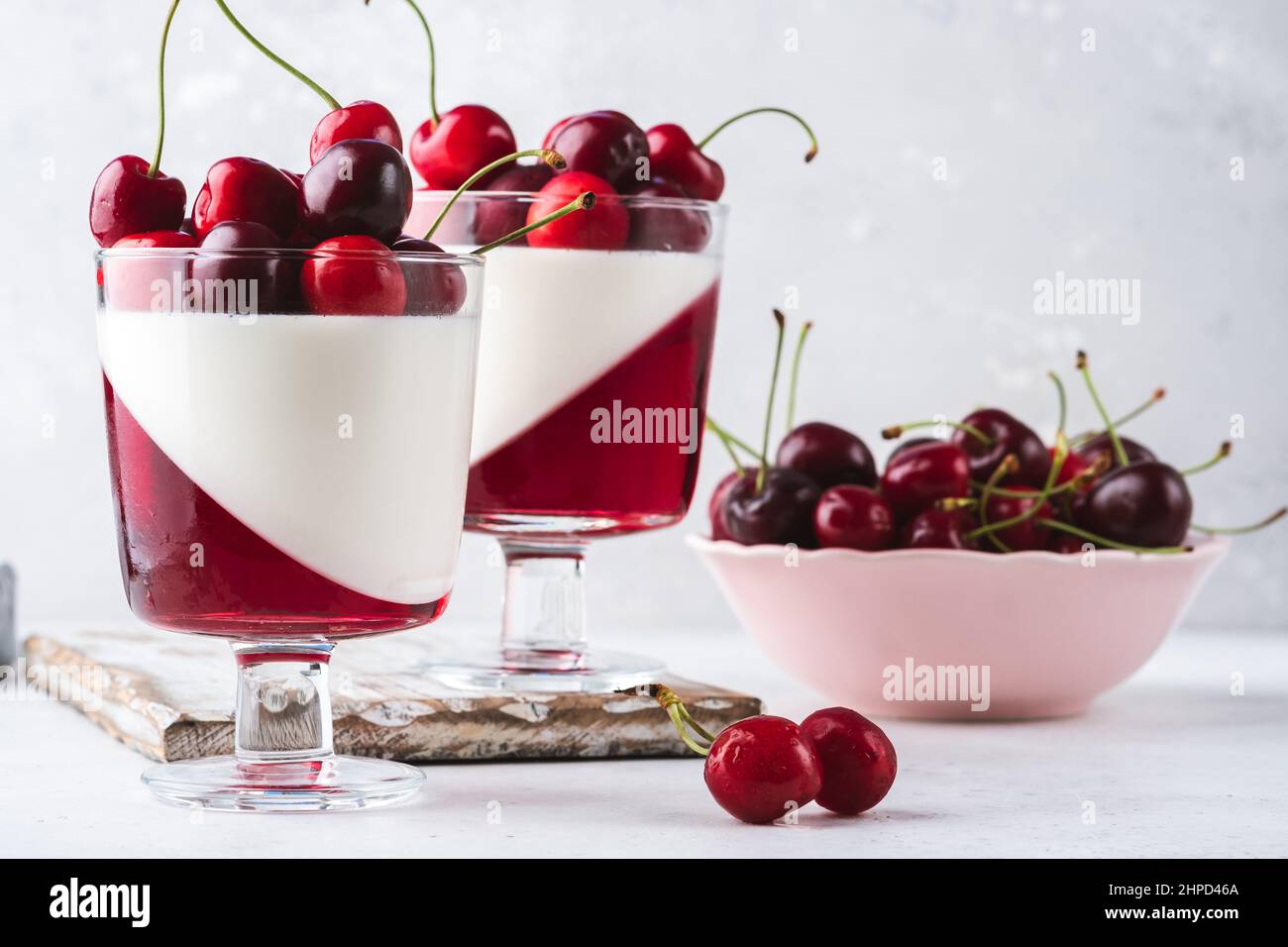 Delisious panna cotta summer dessert with cherries and cherry jelly ...