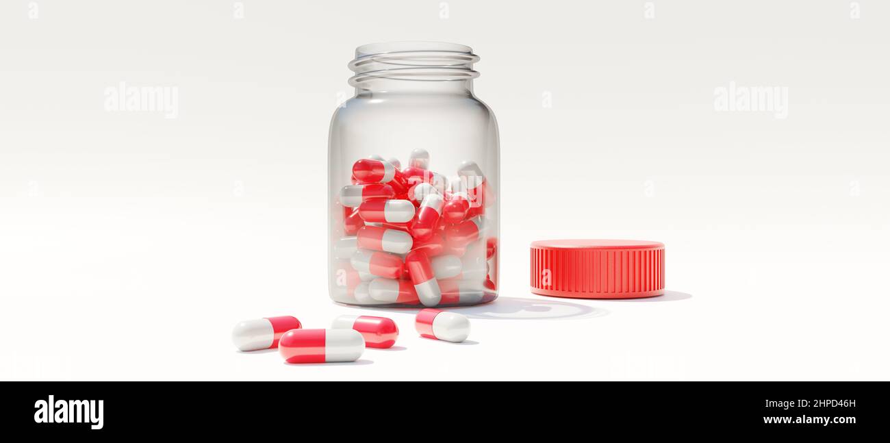 Medicine pill out and in transparent bottle isolated on white ...