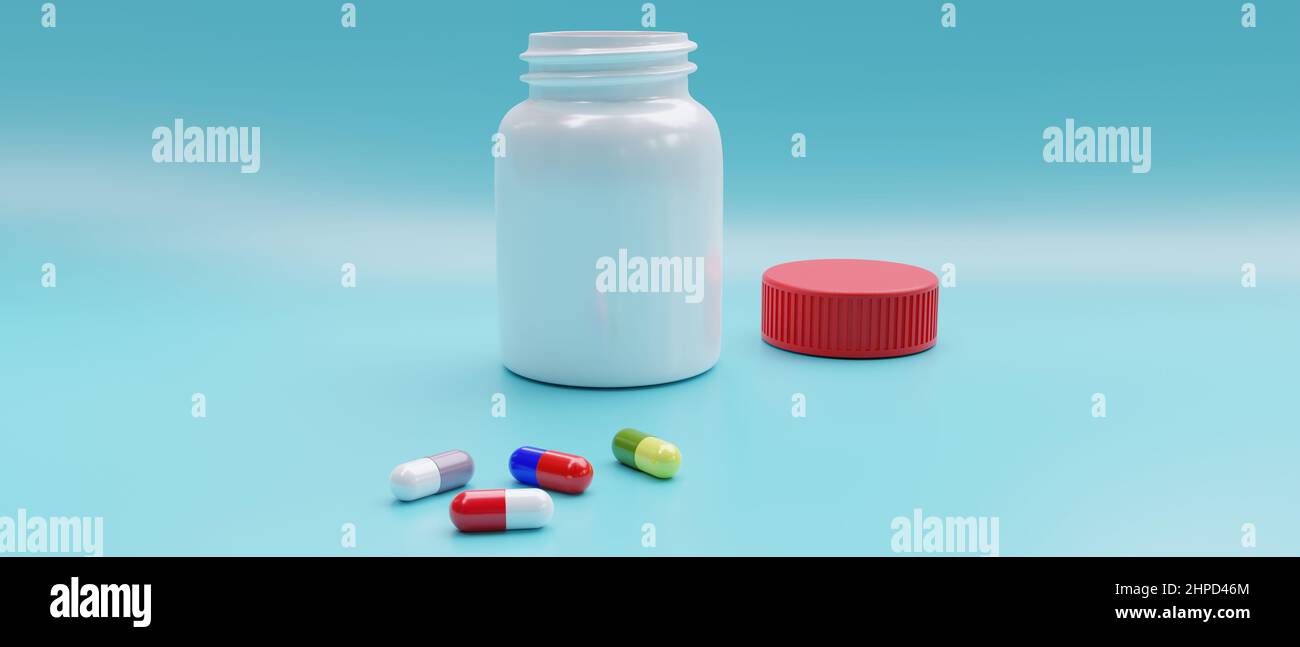 Capsule misc color and bottle with red lid on light pastel blue ...