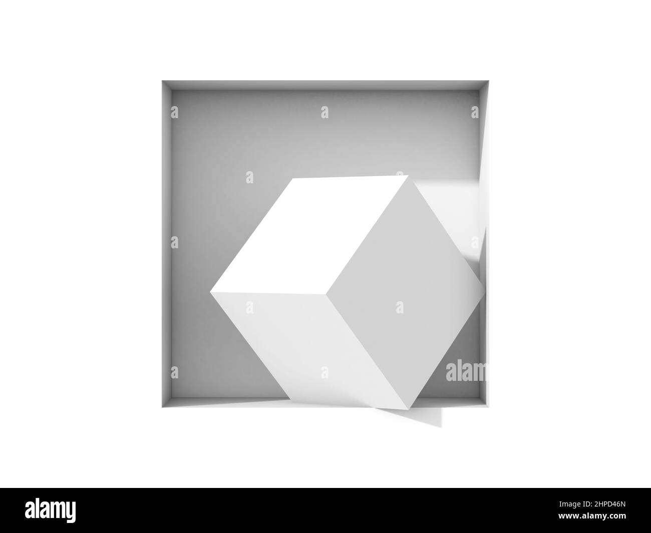 White cube object placed on a square niche in white wall, minimal still ...